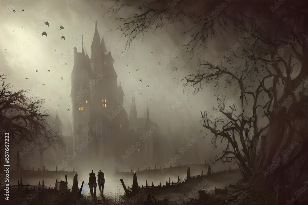 The Halloween scary castle is a dark and imposing structure that stands ...