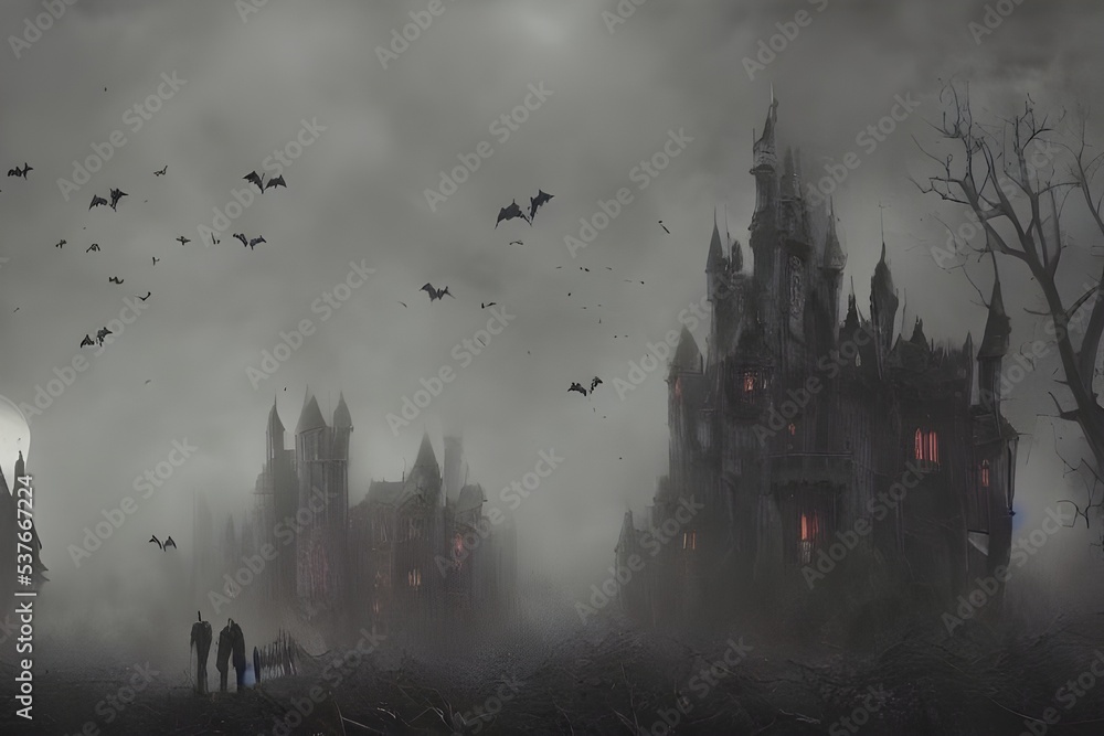 The Halloween scary castle is a big, black and spooky building. It has ...