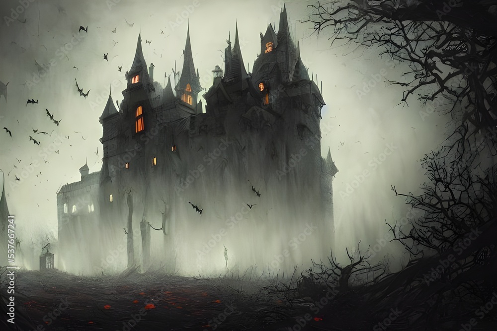 The Halloween scary castle is a large, spooky building made of dark ...