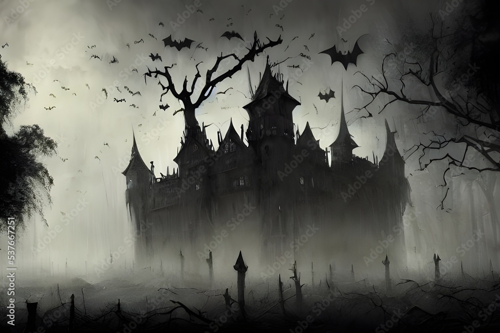 The Halloween scary castle is a large, imposing structure made entirely ...