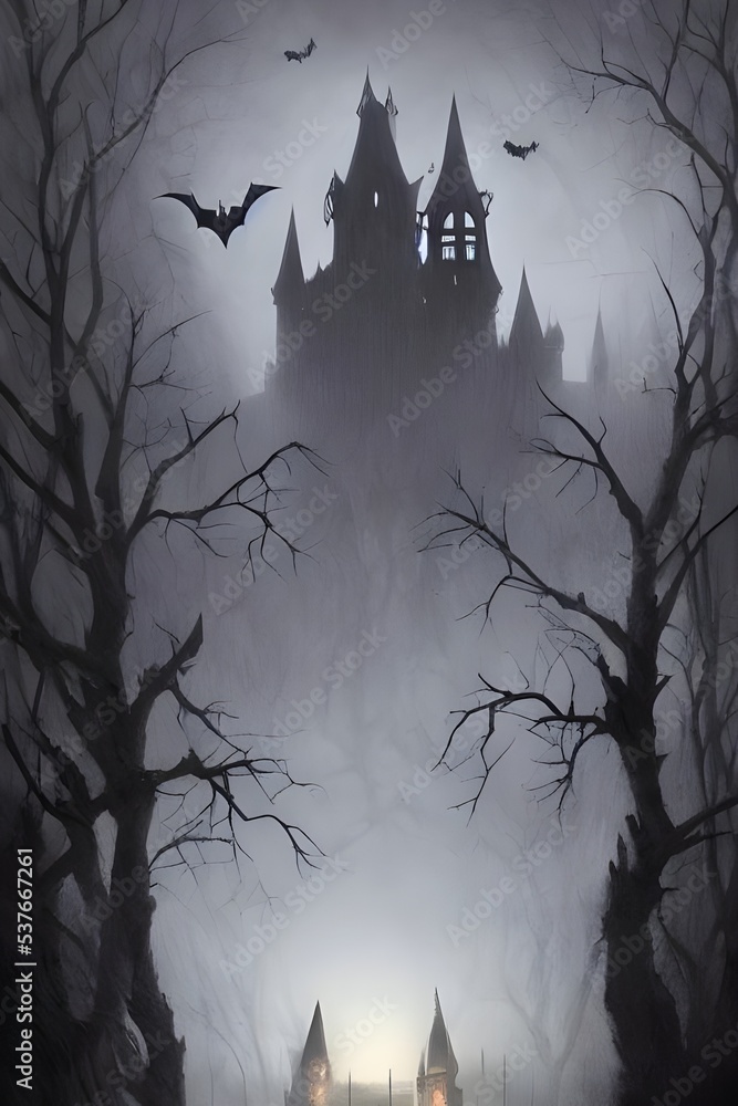 The Halloween scary castle is a huge, dark structure made of stone. It ...