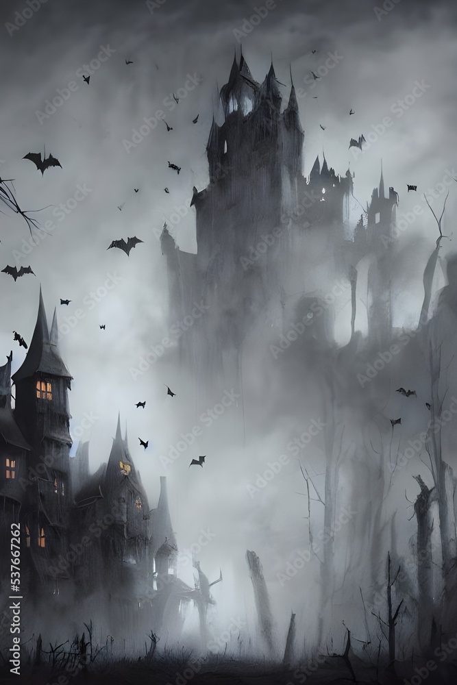 Stockillustratie The Halloween scary castle is situated on a dark and ...