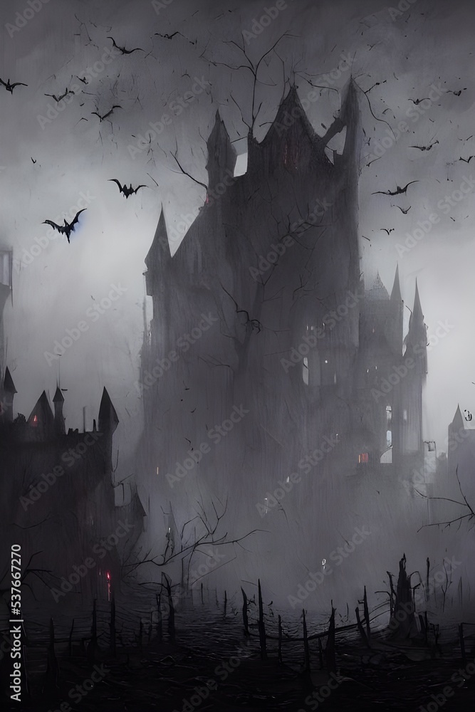 The Halloween scary castle is a large, dark building made of stone. It ...