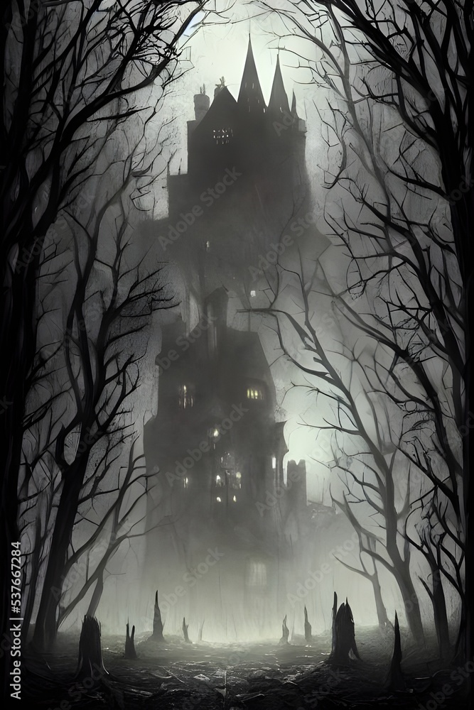 A dark, spooky castle looms ahead, its towers reaching into the sky. A ...