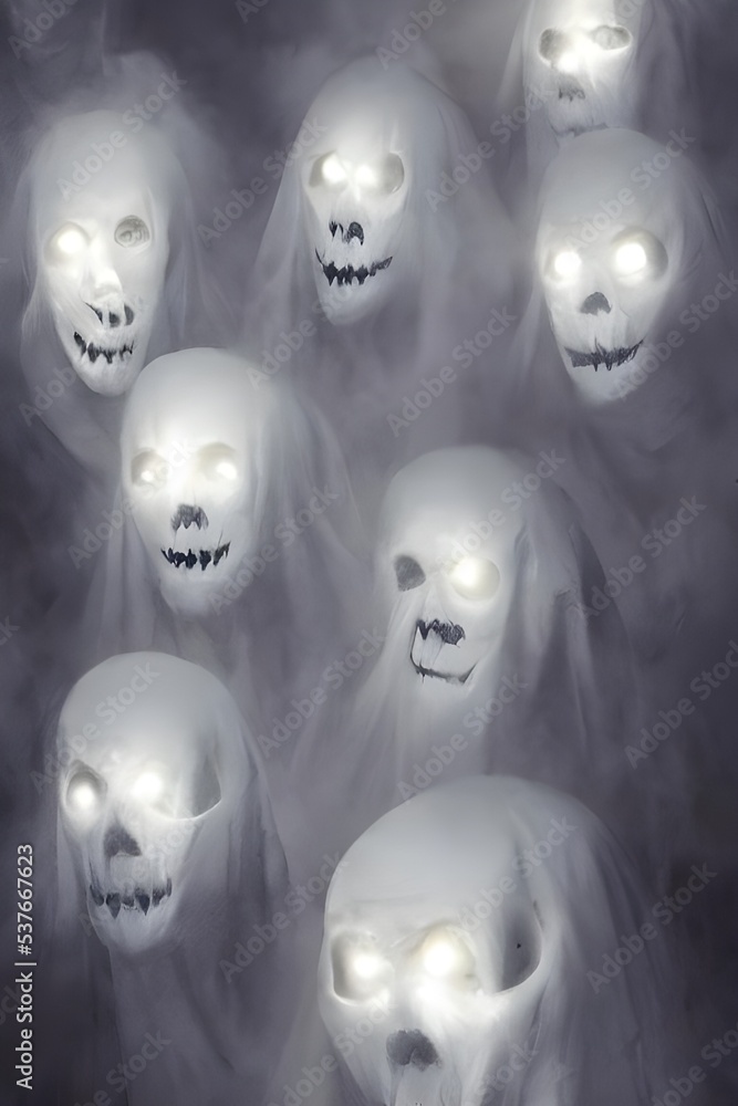 A group of Halloween ghosts are floating in the air. They have long ...