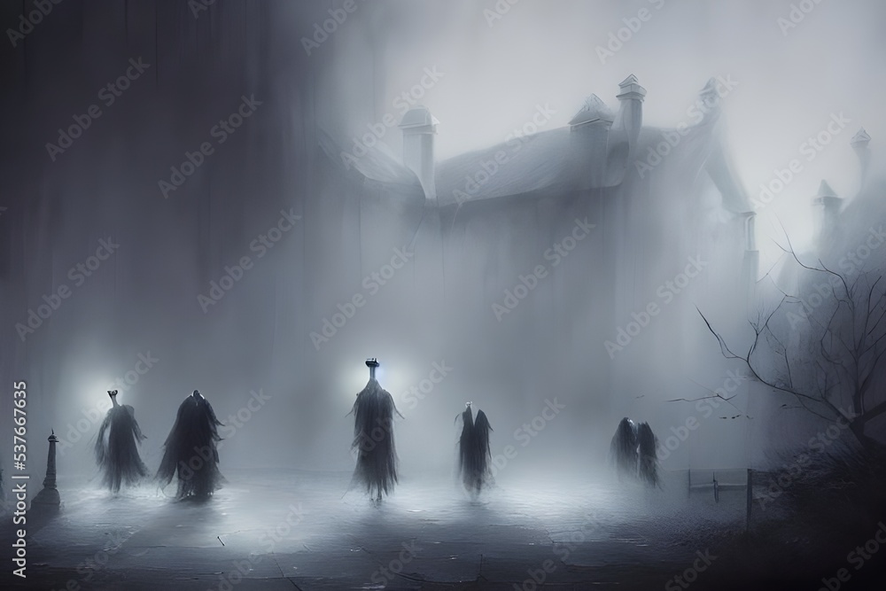 In the picture, there are three ghosts floating in front of a dark ...