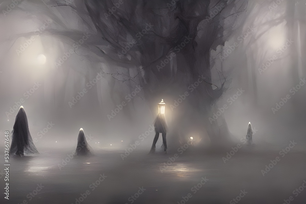 Two ghosts are floating in the air next to each other. They both have ...