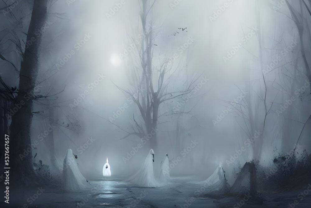 The Halloween scary ghosts are floating around in the air. They have ...