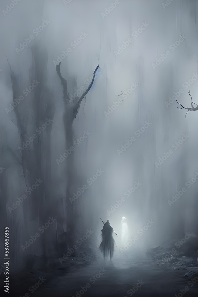 The Halloween scary ghosts are floating in the air and scaring everyone ...