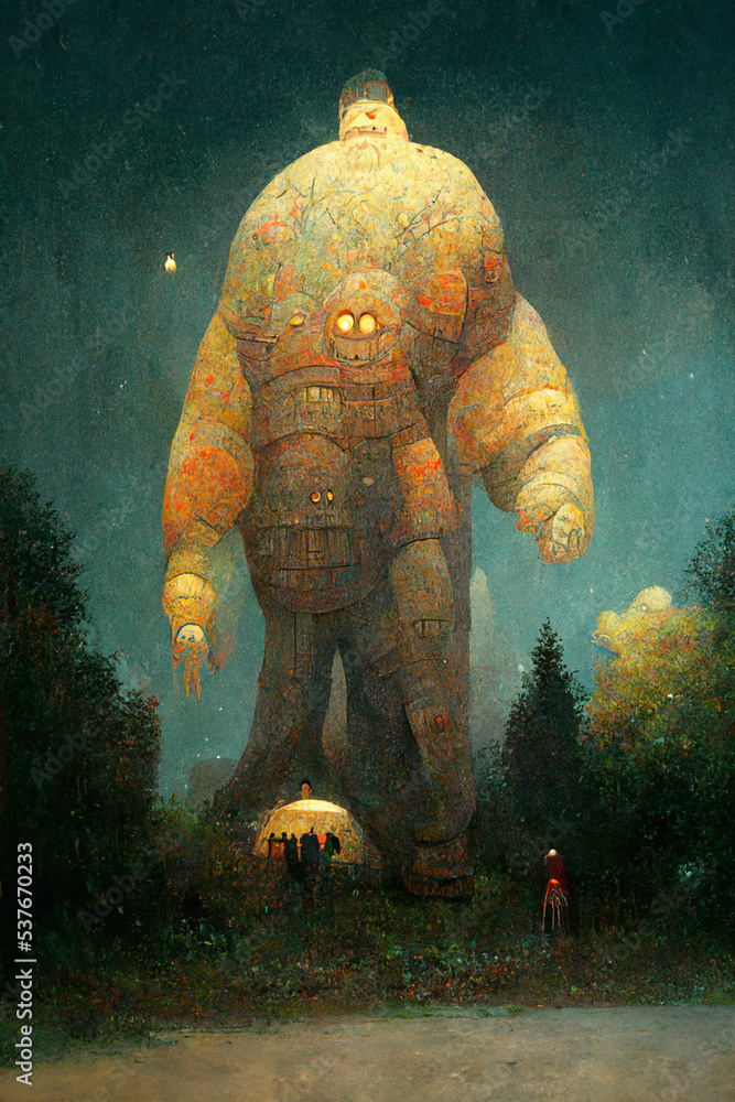 A giant golem monolith sculpture / creature looms over two figures, in ...