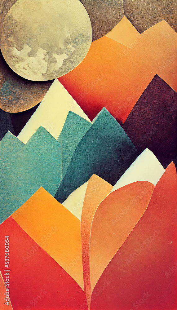 Colorful collage artworks of mountain landscapes with sky, clouds ...