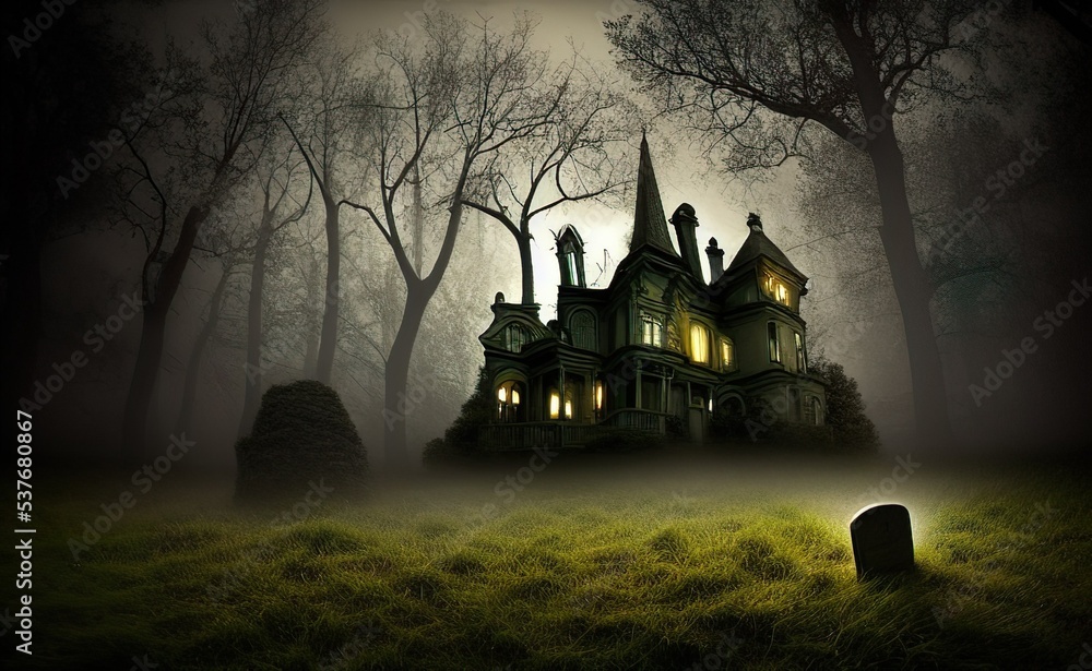 halloween background, digital illustration of victorian haunted house ...