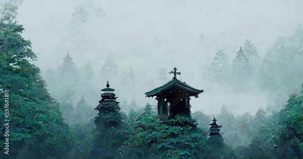 Enigmatic shrine in the middle of the snowy forest of asia, with ...
