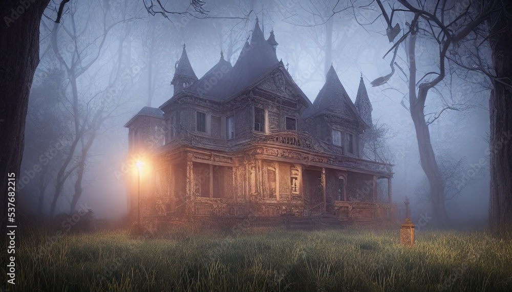 halloween background, digital illustration of victorian haunted house ...