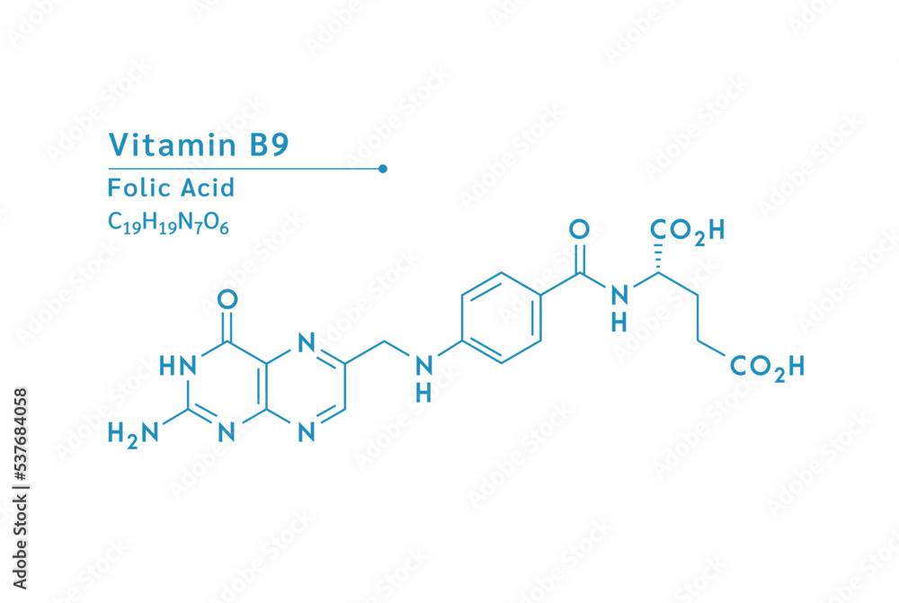 Vitamin B9 structural blue outline chemical formula. Medical and ...