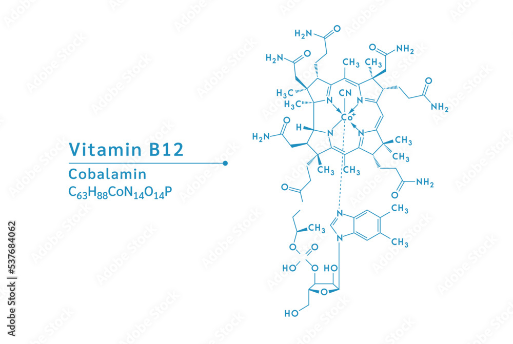 Vitamin B12 structural blue outline chemical formula. Medical and ...
