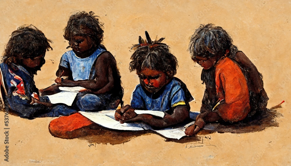 Aboriginal Australian children are studying together, reading, writing ...