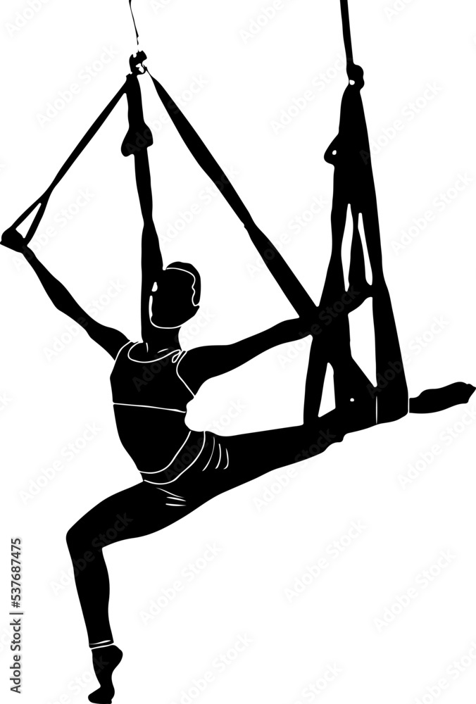 woman doing yoga on aerial silk cloth swing set, acrobat yoga on aerial ...