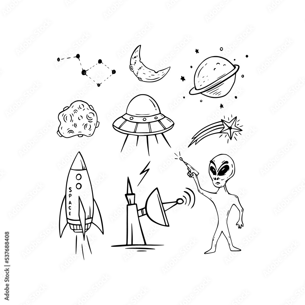 Ufo and alien space ship vector illustration with doodle black design ...