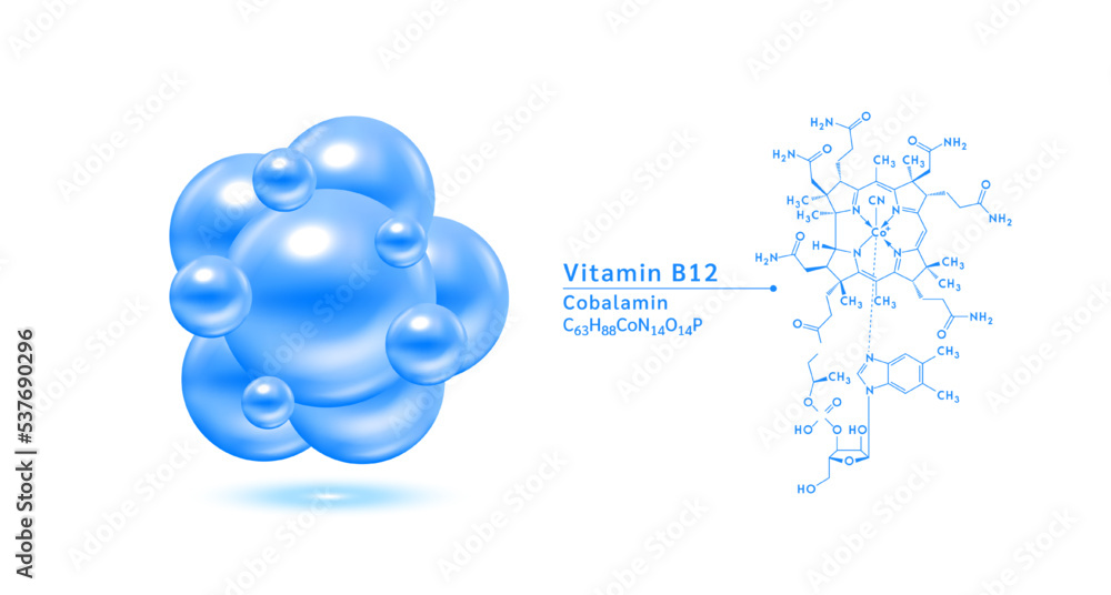 Vitamin B12 blue structural chemical formula. Hyaluronic acid skin ...