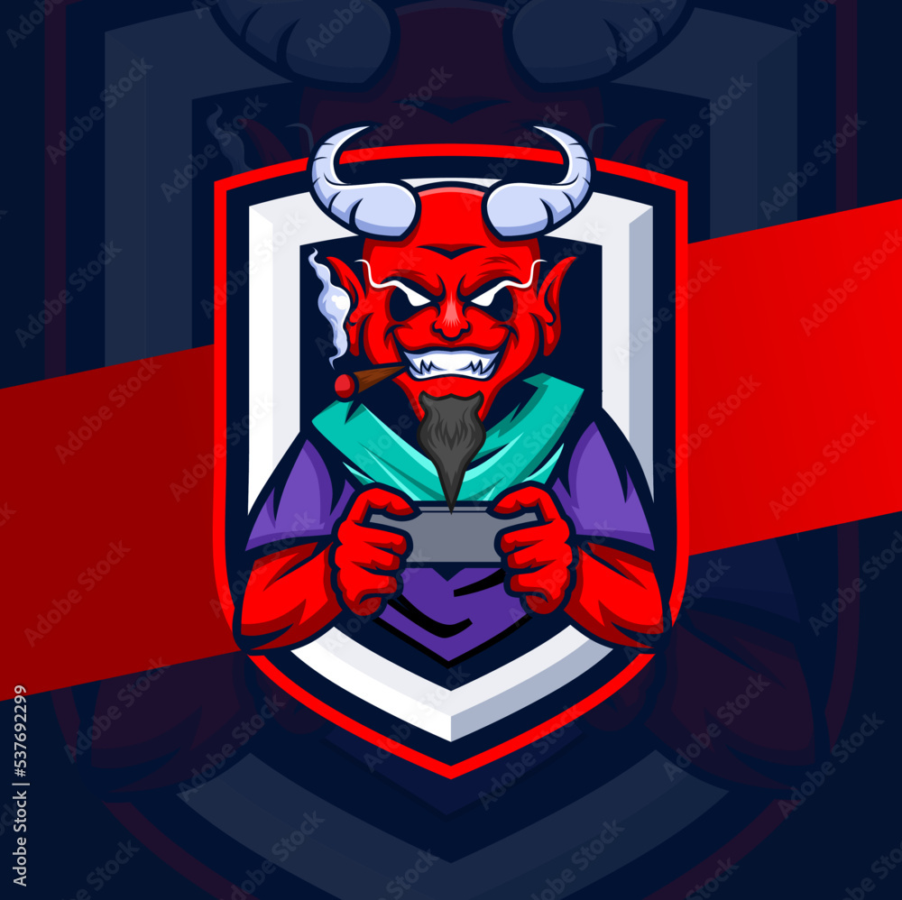 red devil gamer mascot character e-sport logo design with game console ...