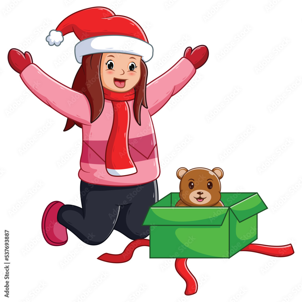 Little Girl Opening Gift Christmas Box. Vector Cartoon Illustration ...