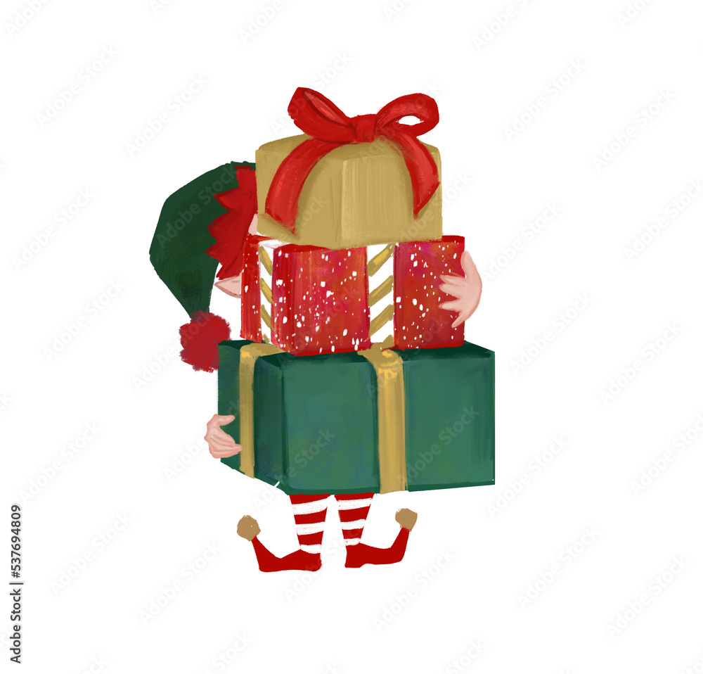 Illustration of an elf carrying too many gift boxes. Elf working in ...