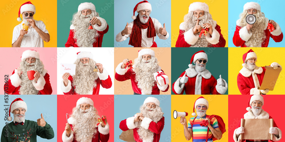 Collage with many Santa Clauses on color background Stock Photo | Adobe ...