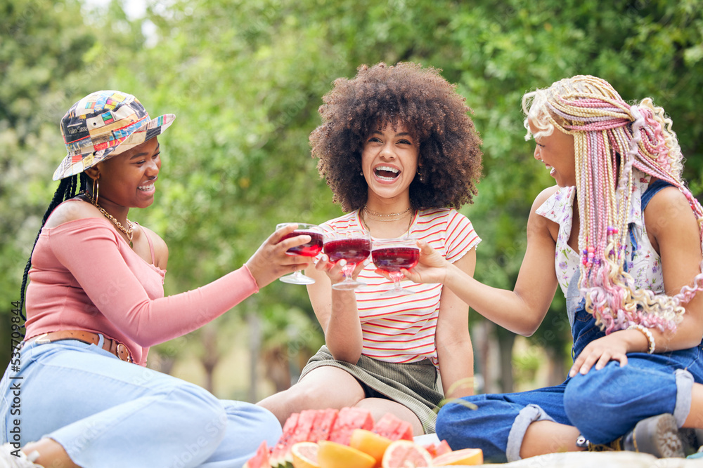 Black woman, cocktail and friends relax on picnic for peace, wellness ...