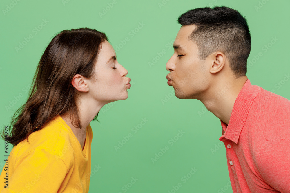 Side view close up caucasian young couple two friends family man woman ... Side view close up caucasian young couple two friends family man woman ...