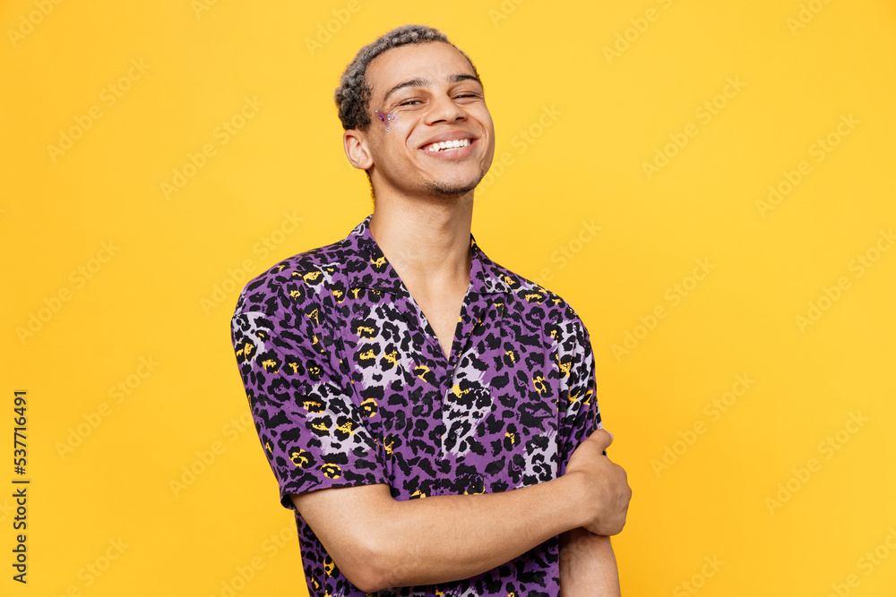 Young happy confident happy smiling cheerful fun gay man wearing purple ...