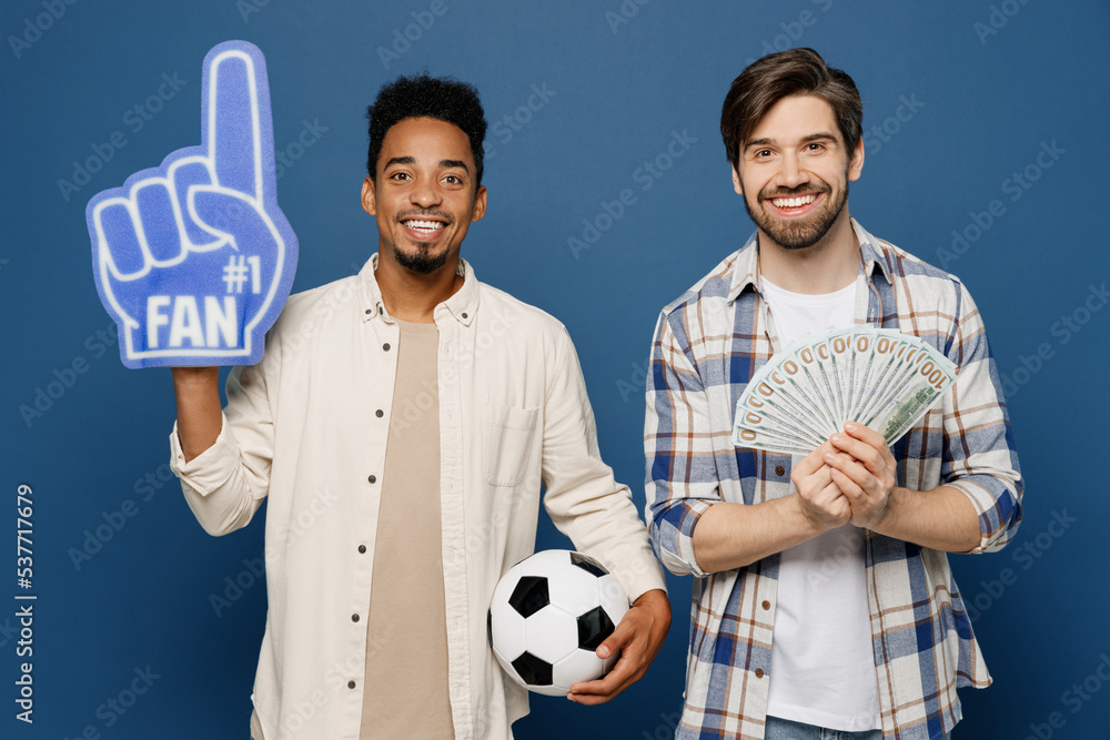 Young two fan friends cool men wear white shirts foam glove finger up ...