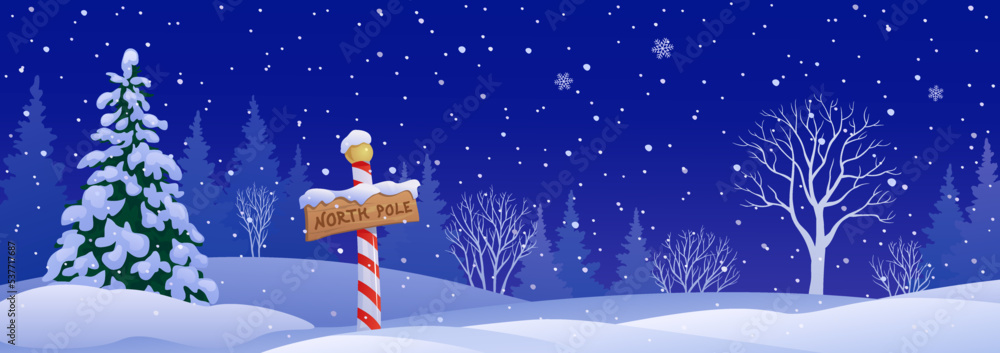 Vector illustration of a blue forest landscape with a North Pole sign ...