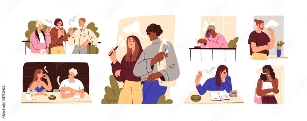 People smoking set. Men, women smokers with electronic cigarettes, e ...