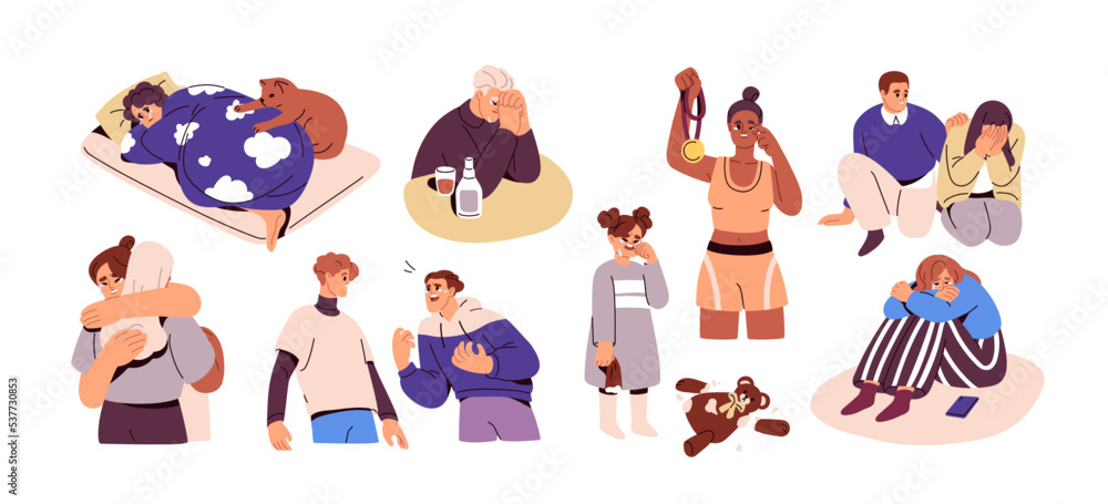 People in tears, whiny mood. Crying, weeping, sobbing, whining tearful ...