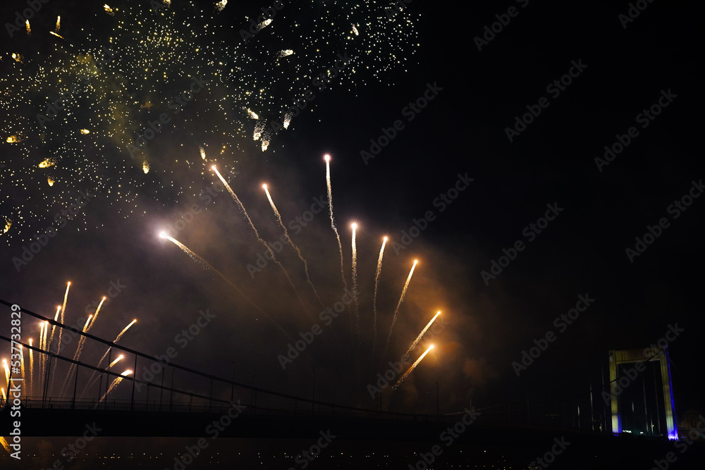 Firework display and the Szechenyi Chain Bridge over the River Danube ...