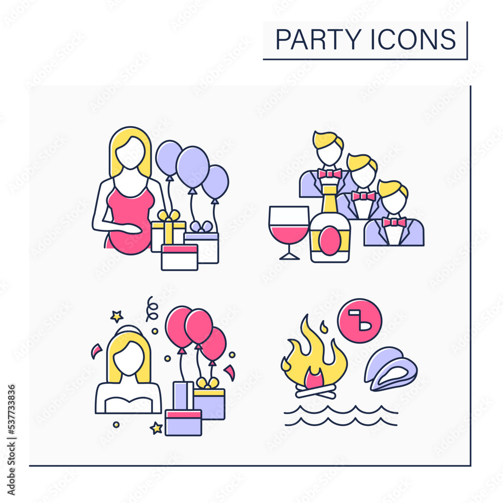 Parties color icons set. Baby shower, bachelor party, bridal shower and ...