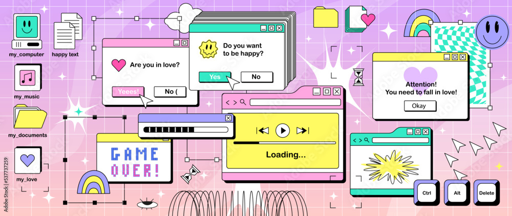 The screen of an old retro PC in the y2k style. Background retro wave ...