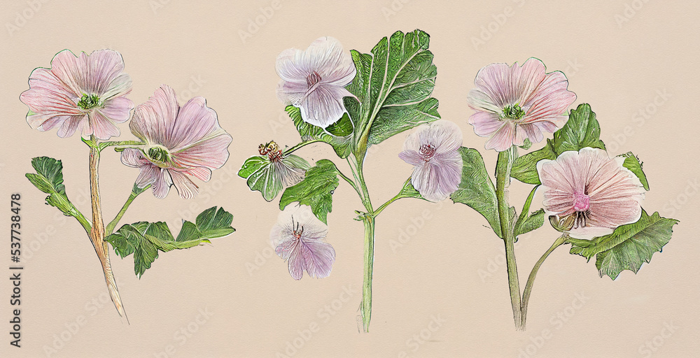 Mallow (Malva sylvestris). Botanical illustration on white paper. The ...