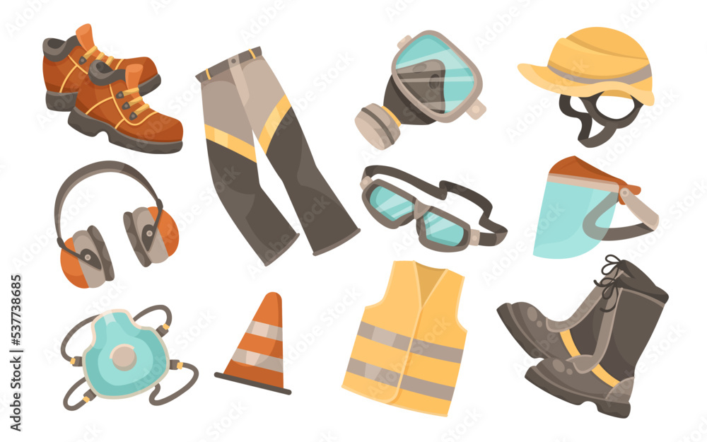 Safety accessories for workers vector illustrations set. Collection of ...