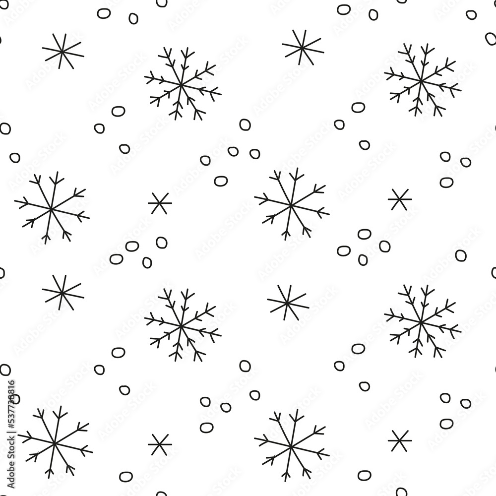 Seamless pattern with snowflakes in different shapes and forms. Doodles ...