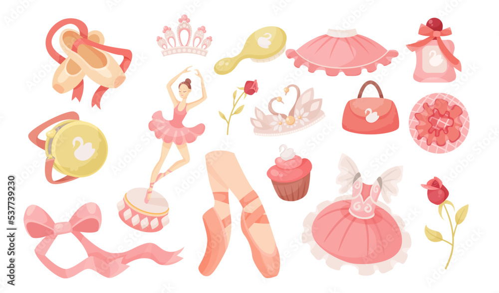 Accessories for ballet dancer vector illustrations set. Collection of ...