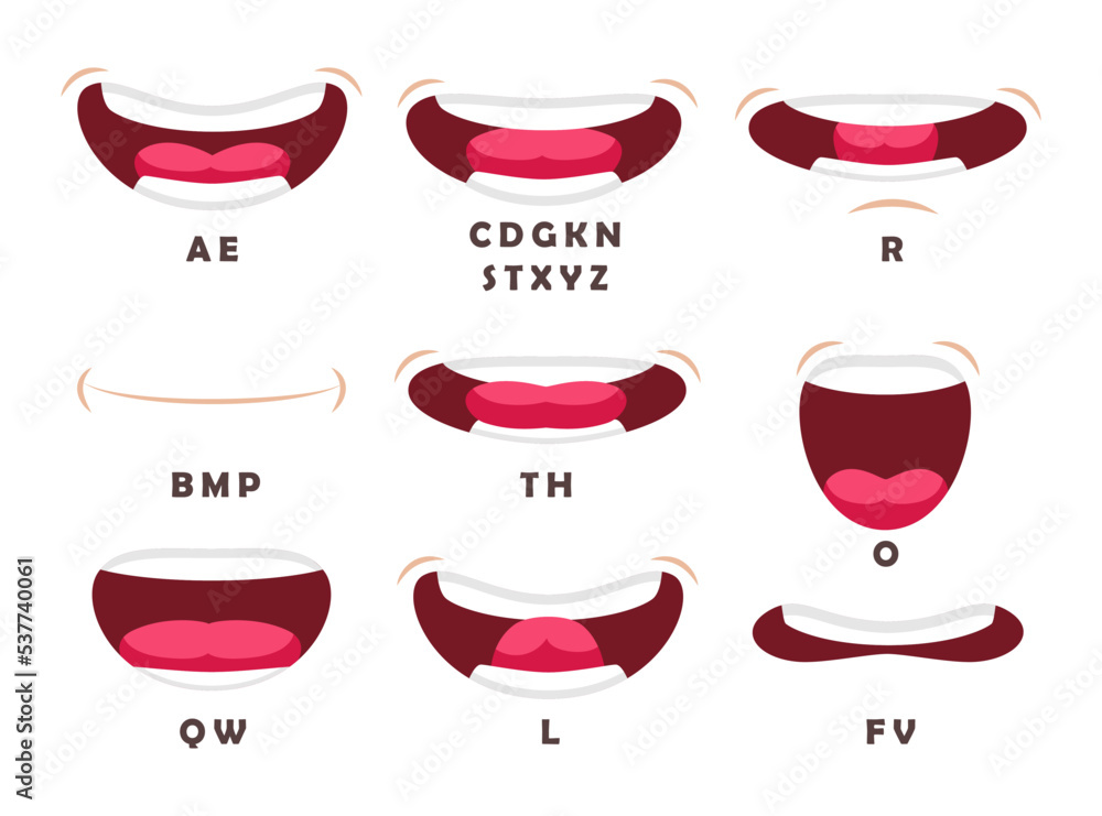English Alphabet Letters Pronunciation Set Vector Illustrations Of Human Mouth With Teeth