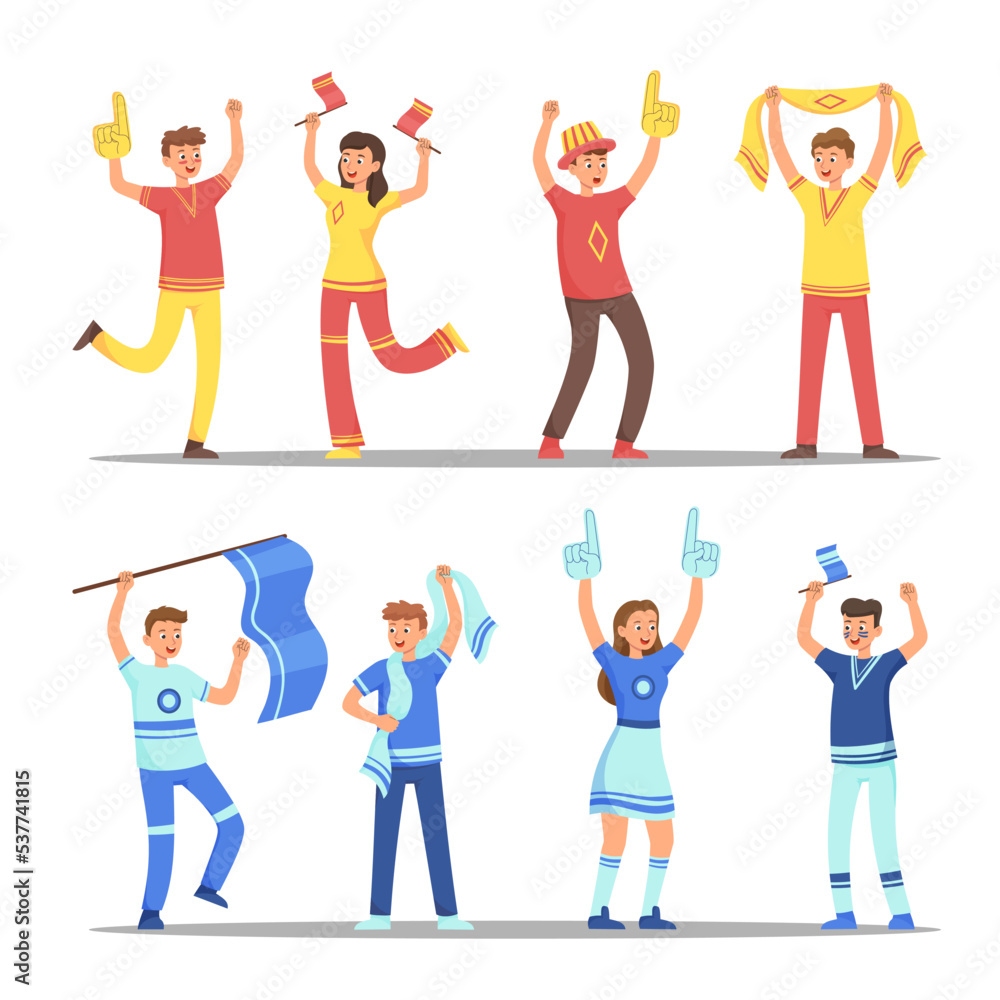 Group of football or soccer fans flat vector illustrations set. Team of ...