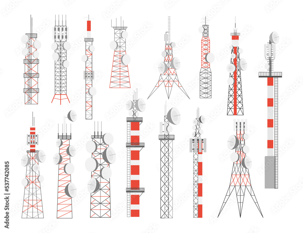 Antenna tower with satellite dishes vector illustrations set. Radio ...