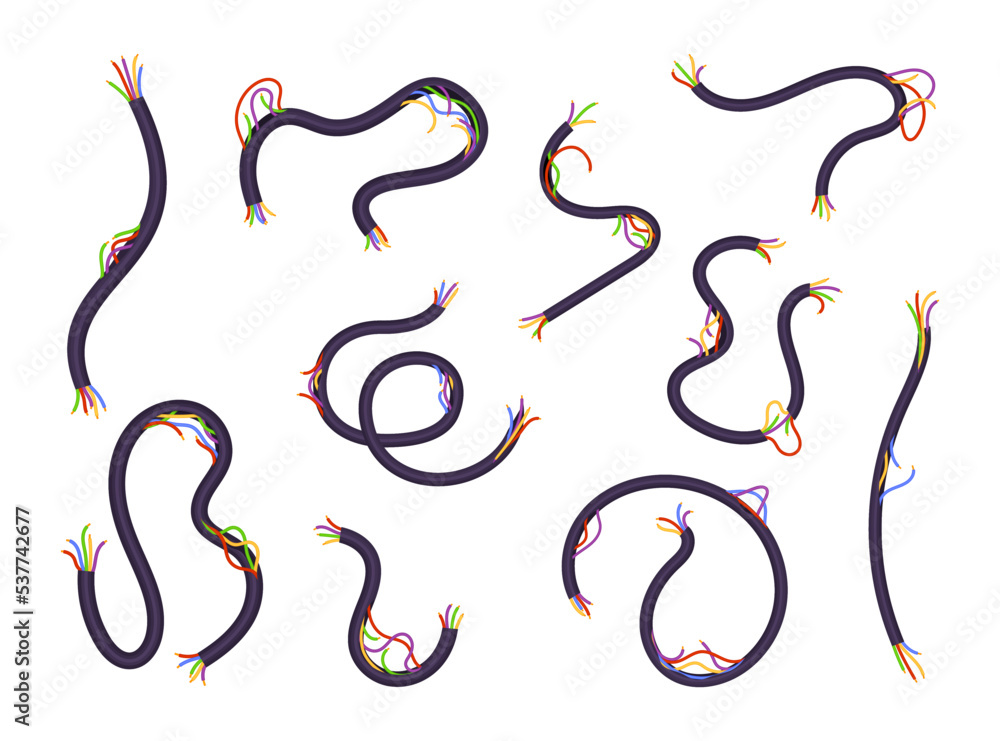 Damaged electrical wires set. Vector illustrations of broken circuit ...