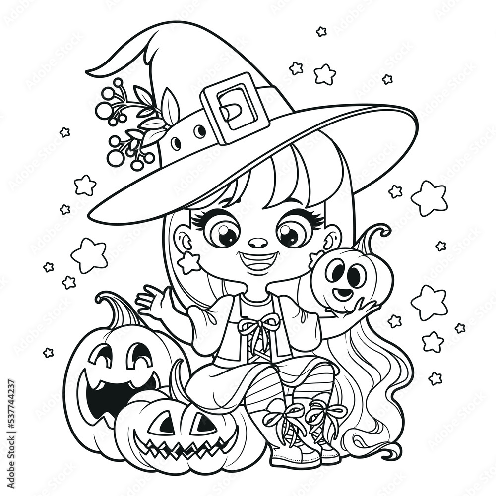Cute cartoon long haired girl in a Halloween witch costume sit on the ...