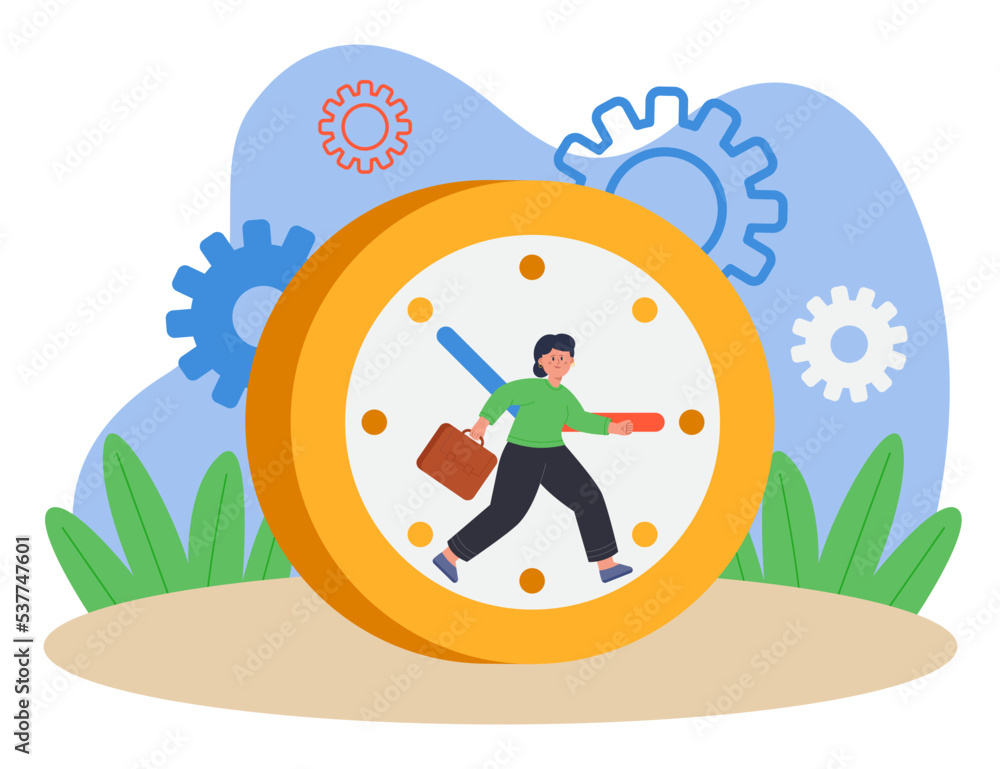 Tiny female character running on clock face. Cartoon businesswoman ...