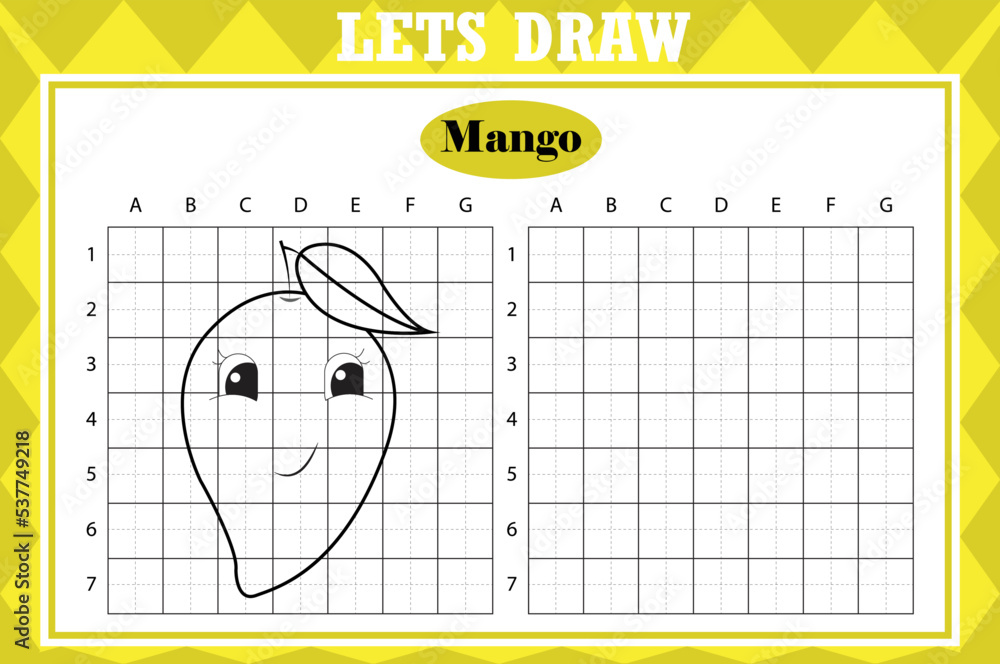 Draw cute mango. Grid copy worksheet. educational children game ...