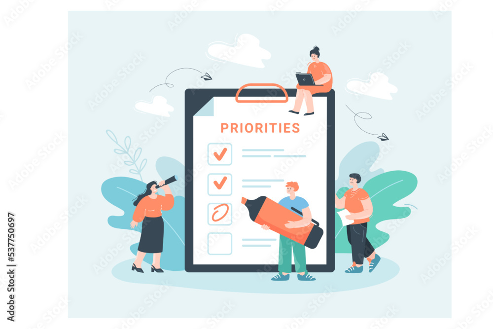 Business people noticing important things in priority checklist. Tiny ...